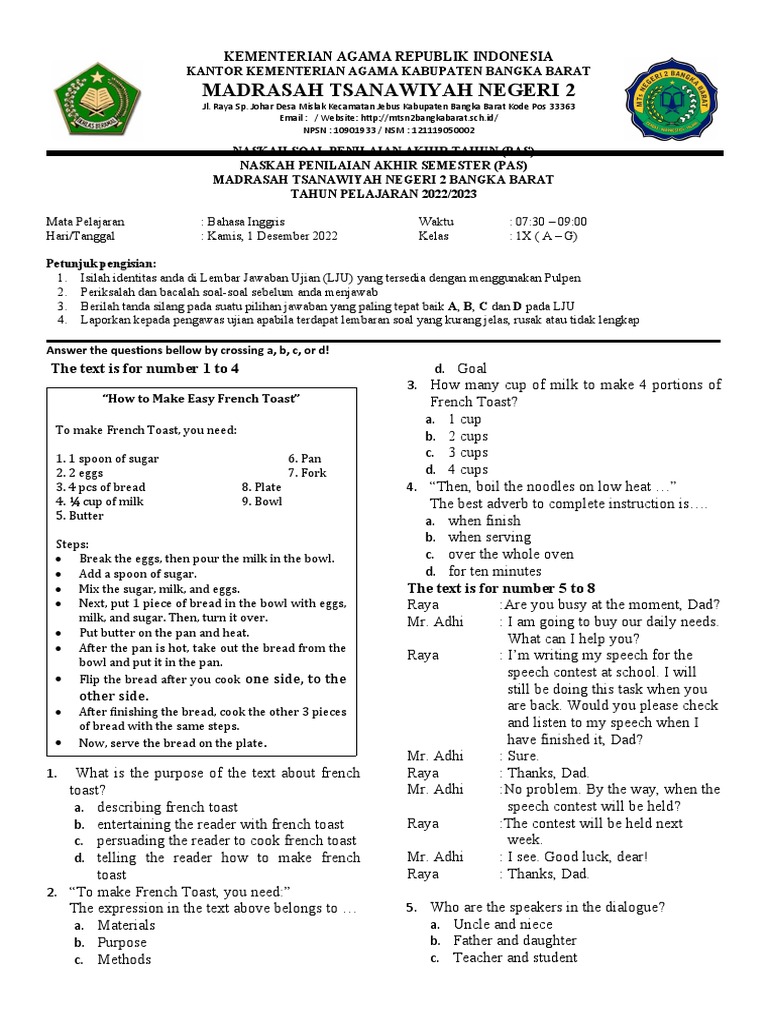NASKAH SOAL B.ING KLS 9 Sem 1 | PDF | Food And Drink | Foods