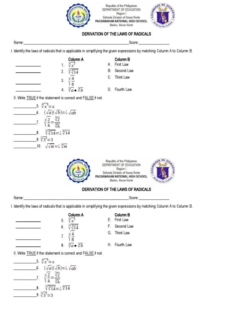 Derivation of The Laws of Radicals (Activity Sheet) | PDF