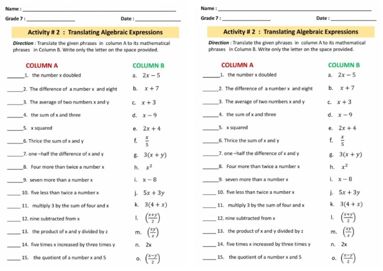 Translating Verbal Phrases To Mathematical Expression Activity Sheet | PDF Translating Verbal Phrases To Mathematical Expression Activity Sheet | PDF