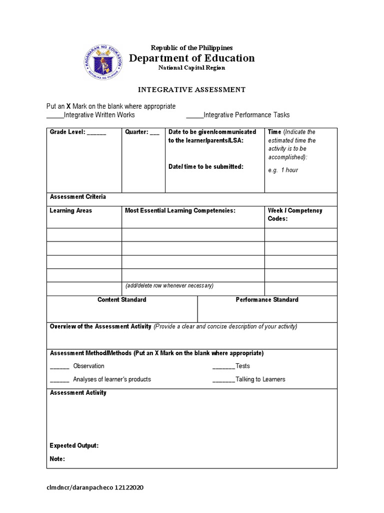 Template Integrative Assessment | PDF | Rubric (Academic) | Education ...