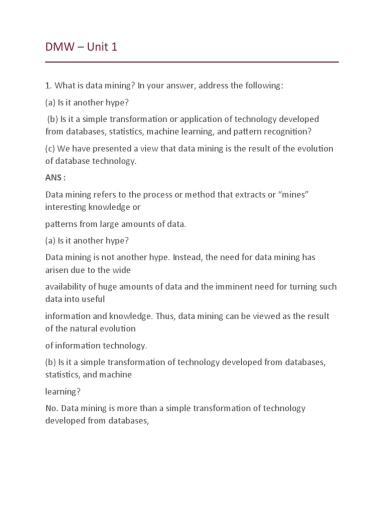 DMW - Unit 1 | PDF | Data Mining | Databases