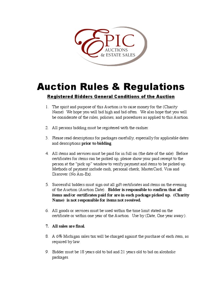 Rules For Live and Silent Benifit Auction | PDF | Auction | Market ...