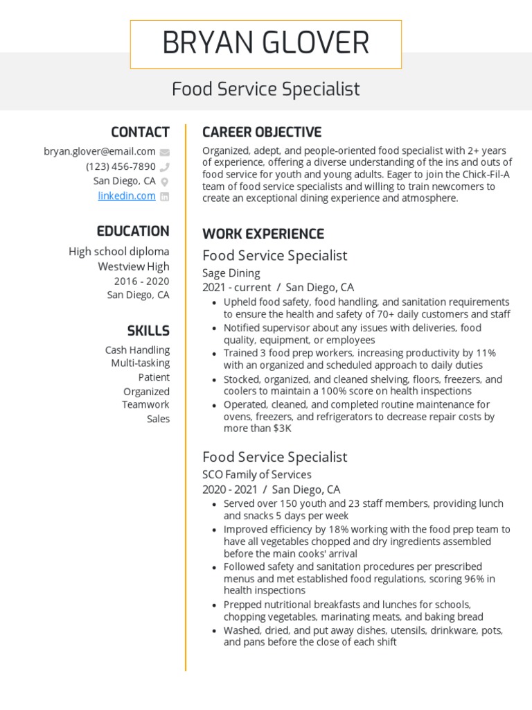 Food Service Specialist Resume | PDF | Foods | Refrigerator