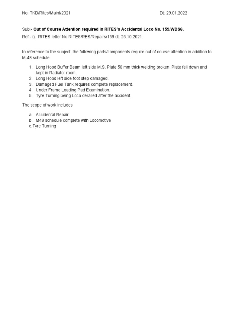 Loco No. 159/WDS6 Repair Estimate | PDF | Manufactured Goods ...