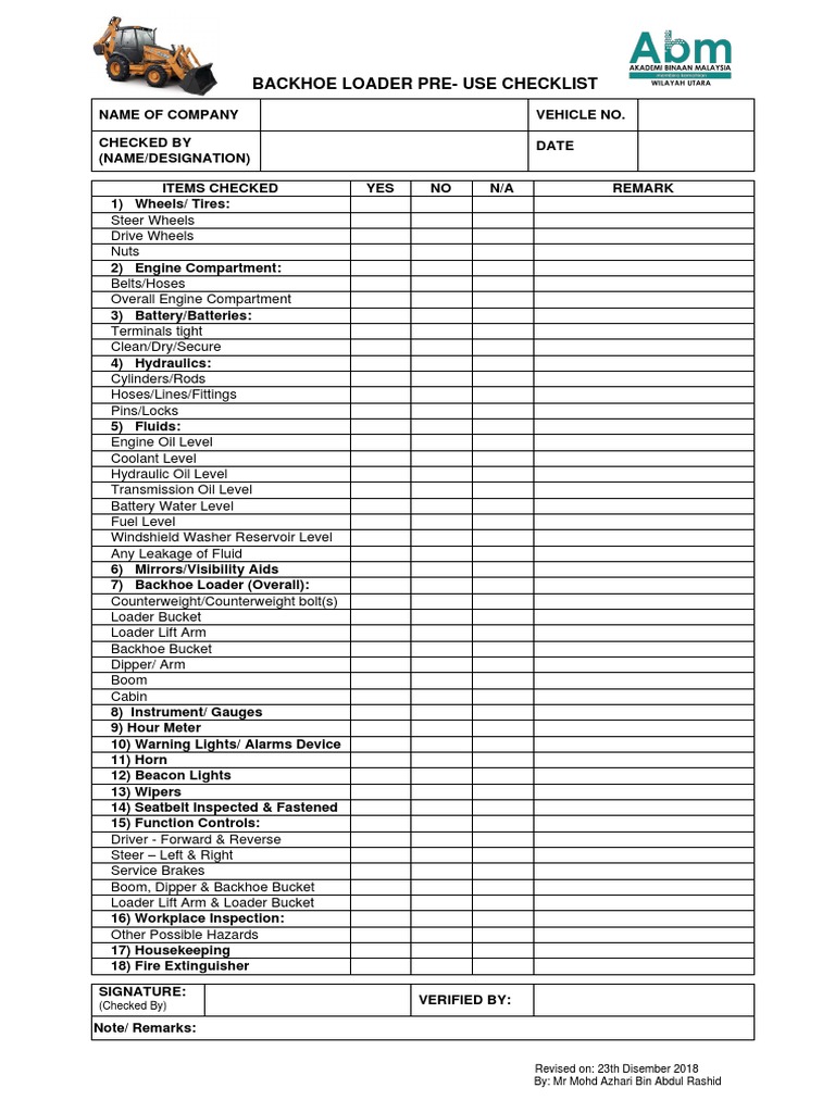 Backhoe Checklist | PDF