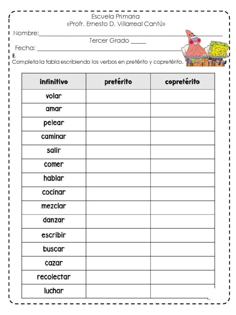 Completa La Tabla Escribiendo Los Verbos En Pretérito Y Copretérito Pdf
