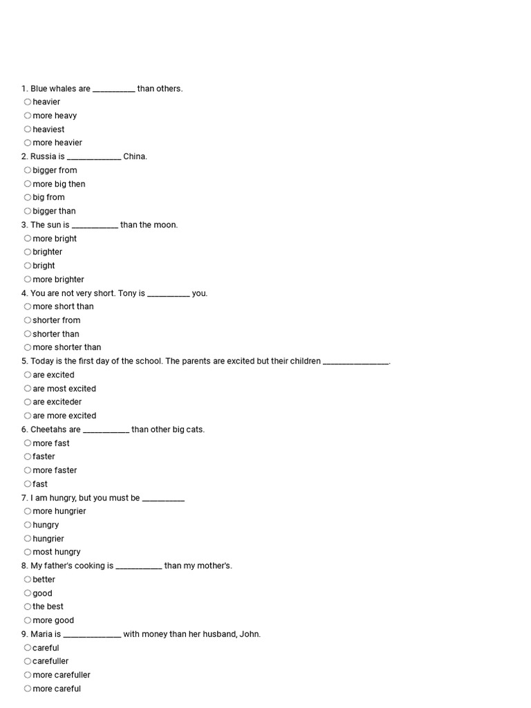 Comparative Adjectives Multiple Choice Test | PDF
