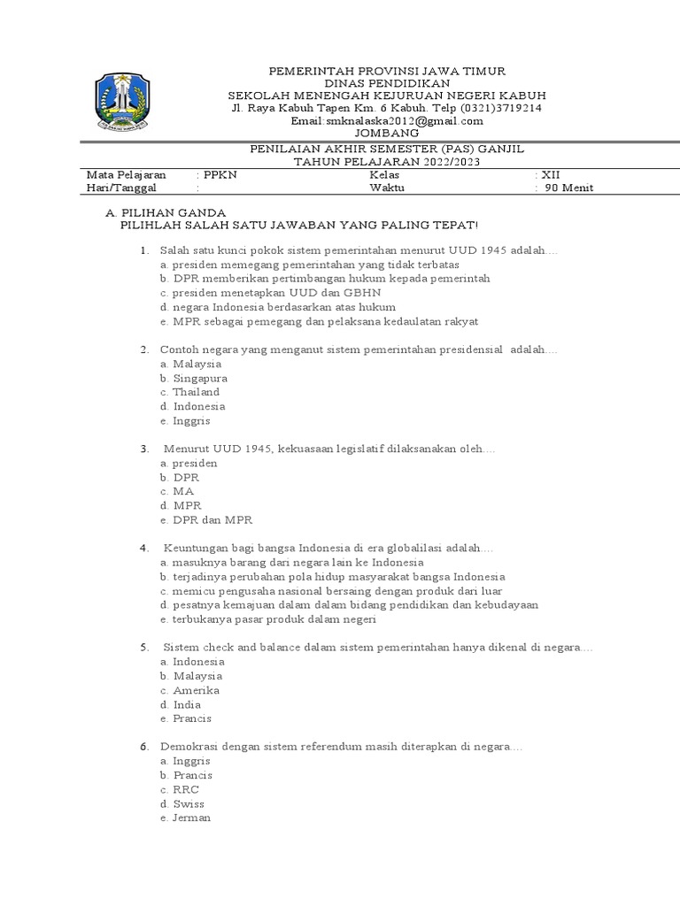 Soal Pas Ganjil PPKN Kelas Xii 2022 | PDF