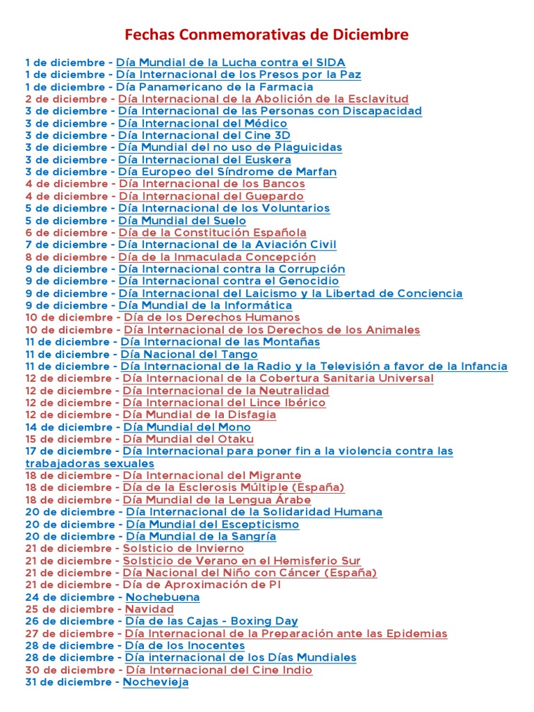 Fechas Conmemorativas de Diciembre | PDF