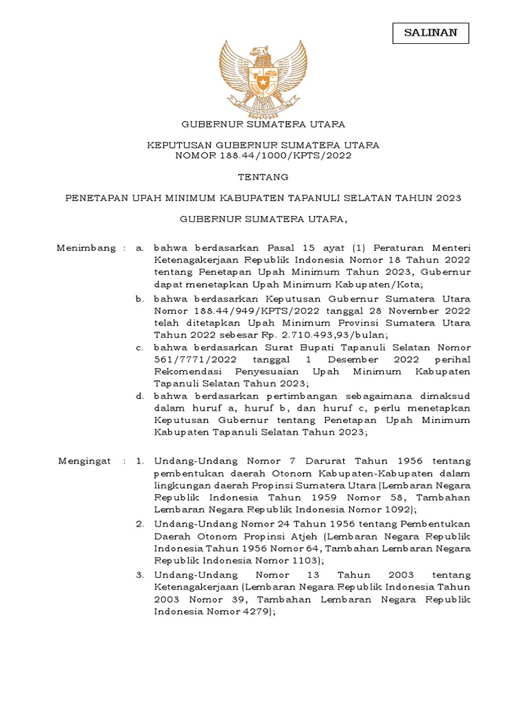 UMP Tapanuli Selatan 2023 Ditetapkan | PDF