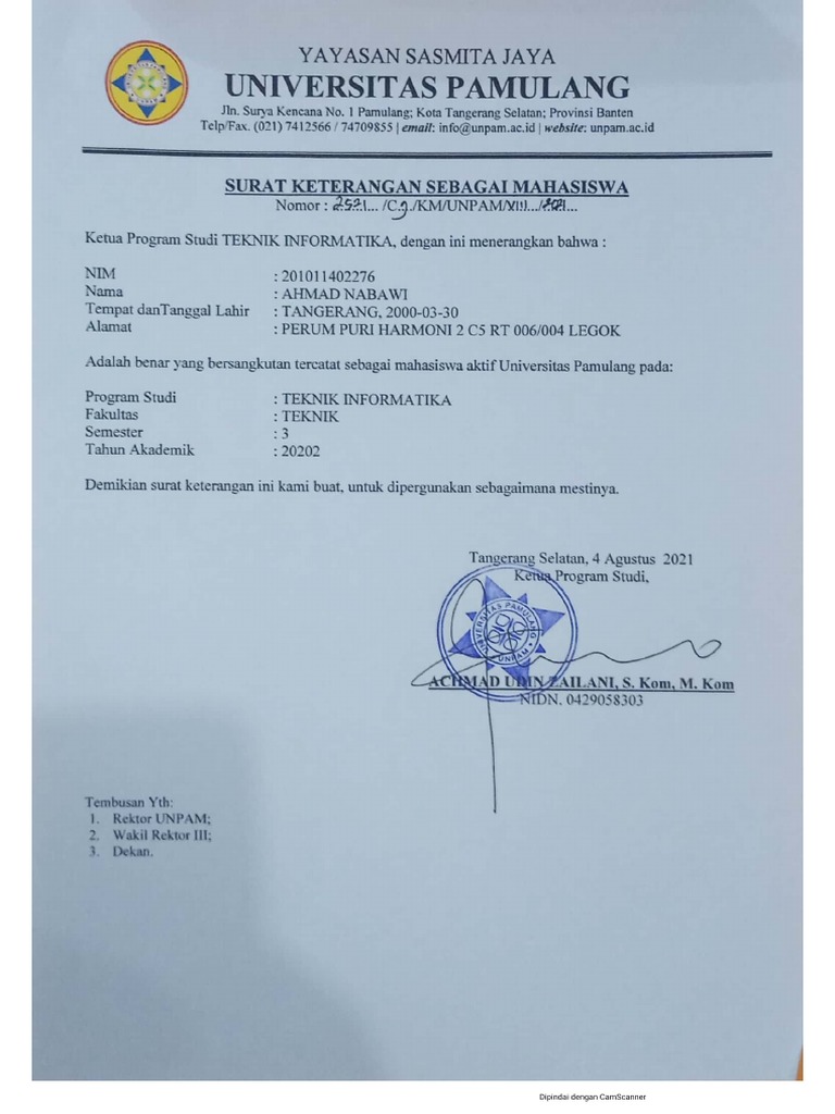 Surat Keterangan Mahasiswa Ahmad Nabawi | PDF