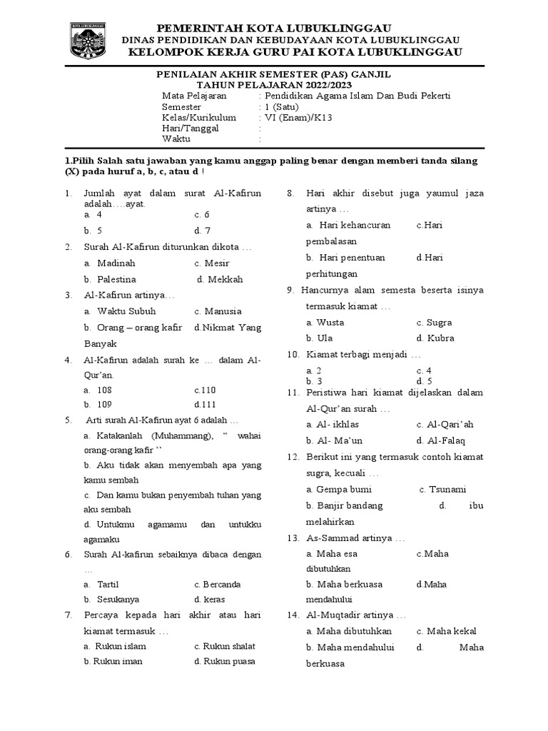 Soal Semester 1 KLS 6 | PDF