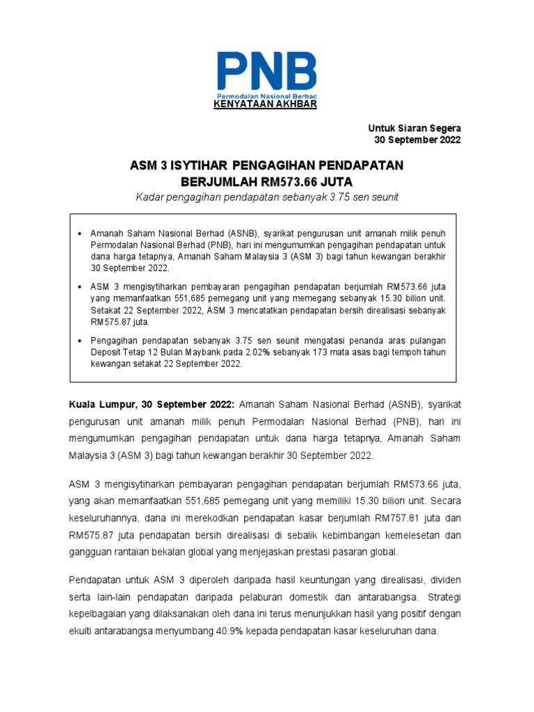 ASNB - Pengagihan Pendapatan ASM 3 TK30092022 | PDF
