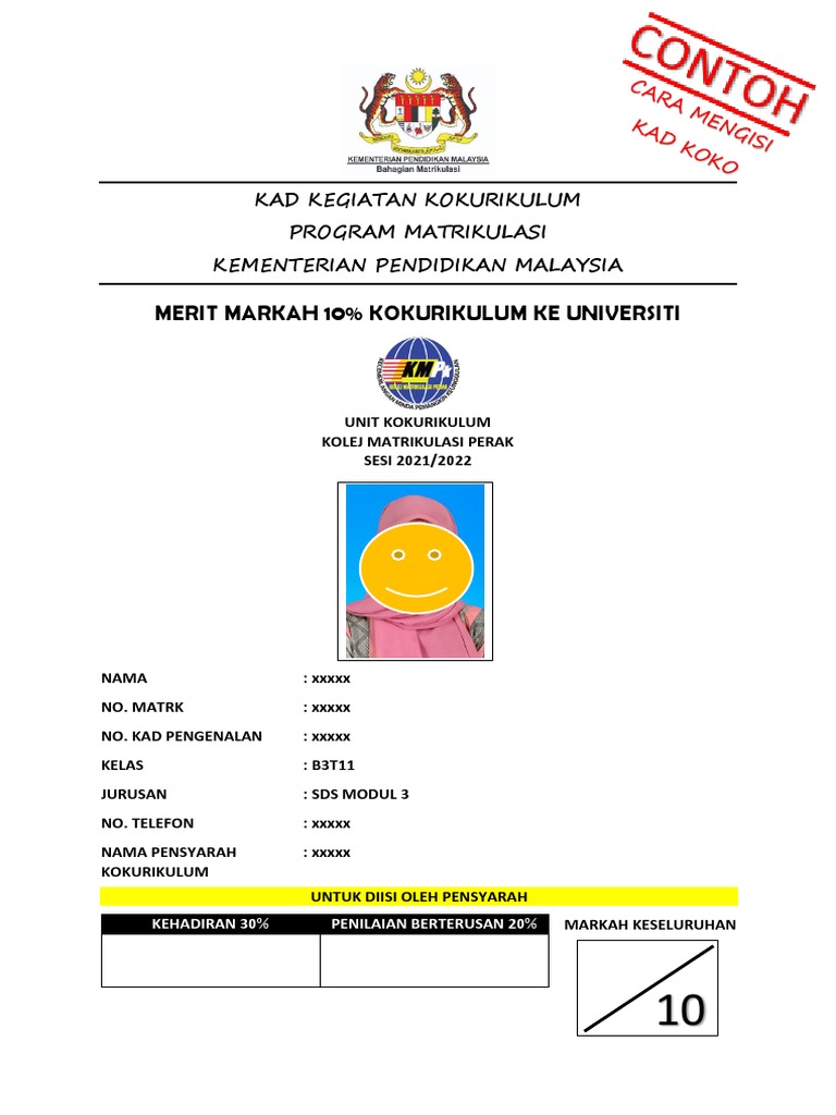 Contoh Cara Mengisi Kad Koko Markah 10 Sesi 2021 2022 Pdf