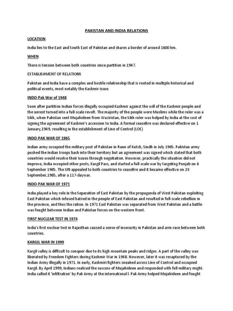 Pak Indo Relations | PDF | India–Pakistan Relations | Pakistan