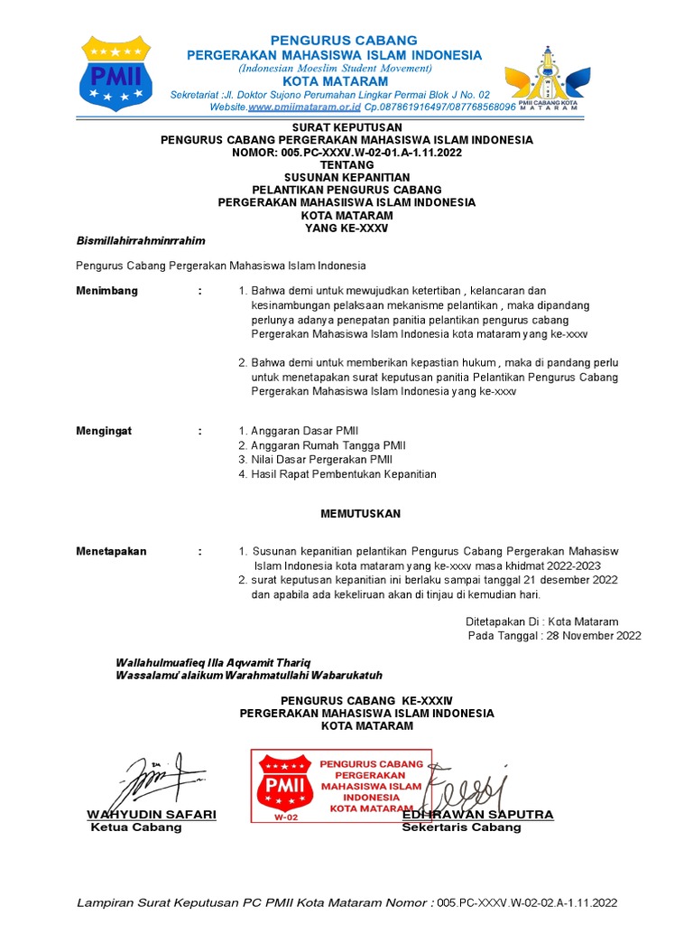 SK Kepanitiaan Pelantikan PMII Mataram | PDF
