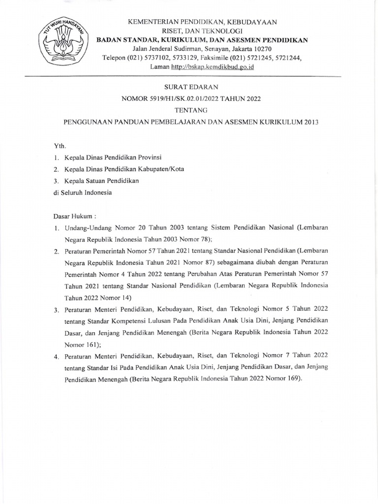 Surat Edaran Nomor 5919 - H1 - SK.02.01 - 2022 TTG Penggunaan Panduan Pembelajaran Dan Asesmen ...