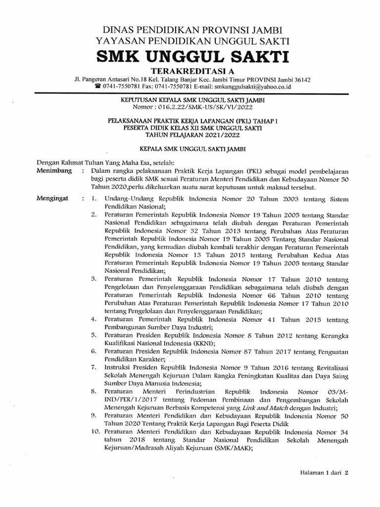 SK Pelaksanaan PKL Tahap 1 Tahun 2022-2023 | PDF