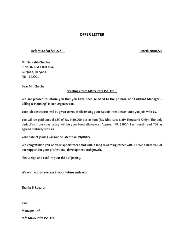 Offer Letter - Mr. Saurabh Chadha | PDF