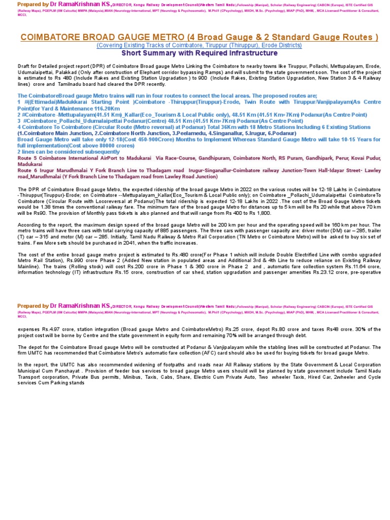 Coimbatore & 7 Kongu City Broad Gauge Short Summary & Requirements ...