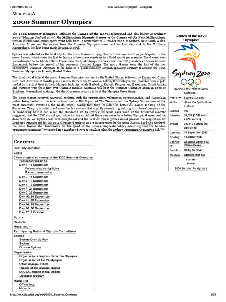 2000 Summer Olympics - Wikipedia | PDF | Olympic Games | Olympic Sports
