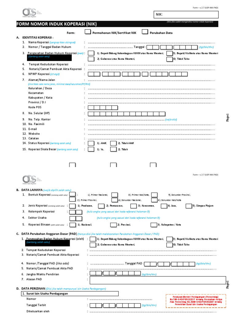 Formulir Permohonan NIK Koperasi | PDF