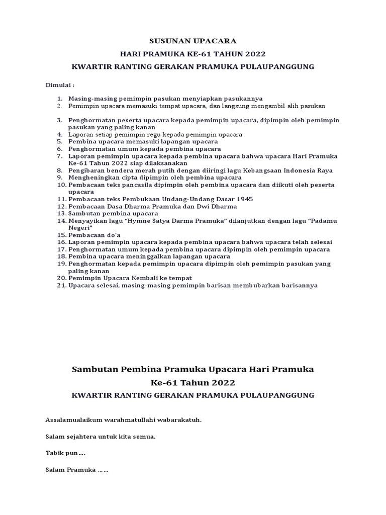 Teks Upacara Hari Pramuka Ke-61 Tahun 2022-1 | PDF