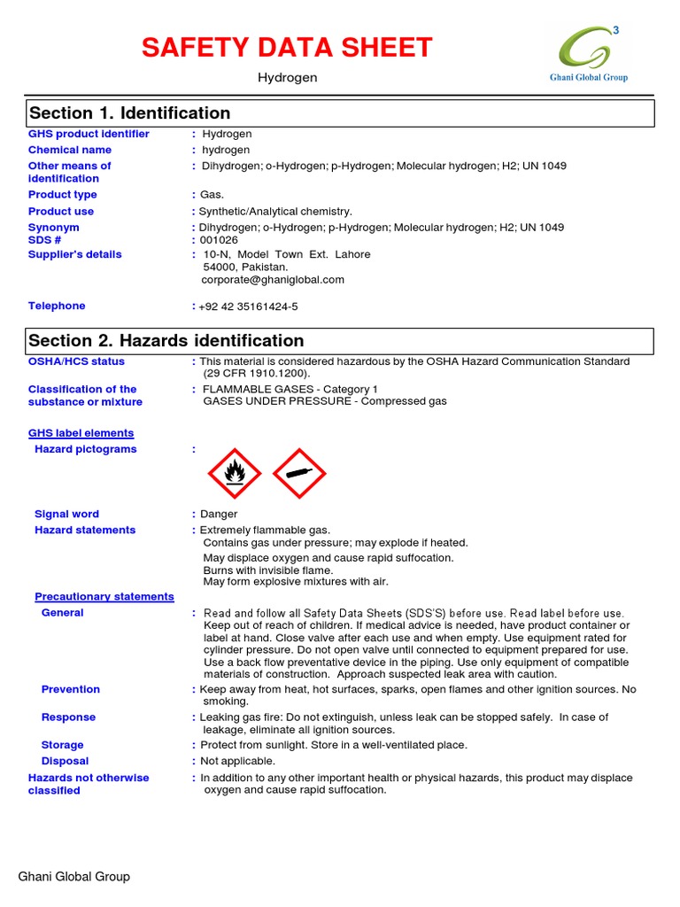 Hydrogen Msds | PDF | Toxicity | Personal Protective Equipment