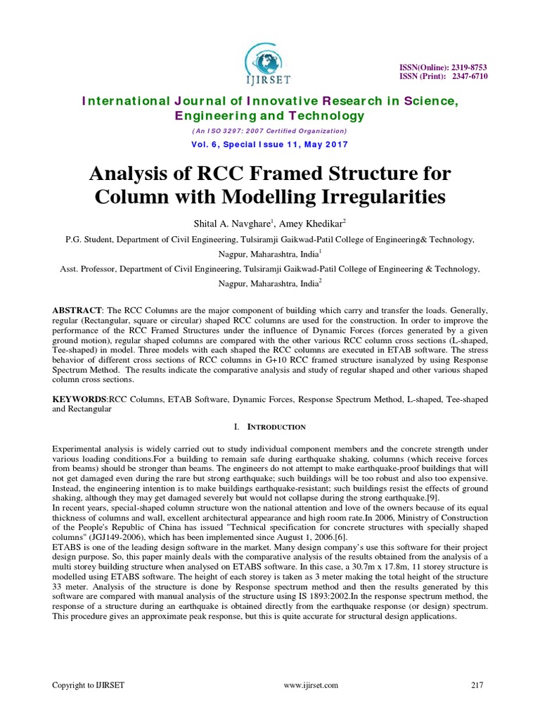 Analysis of RCC Framed Structure For Column With Modelling Irregularities | PDF | International ...