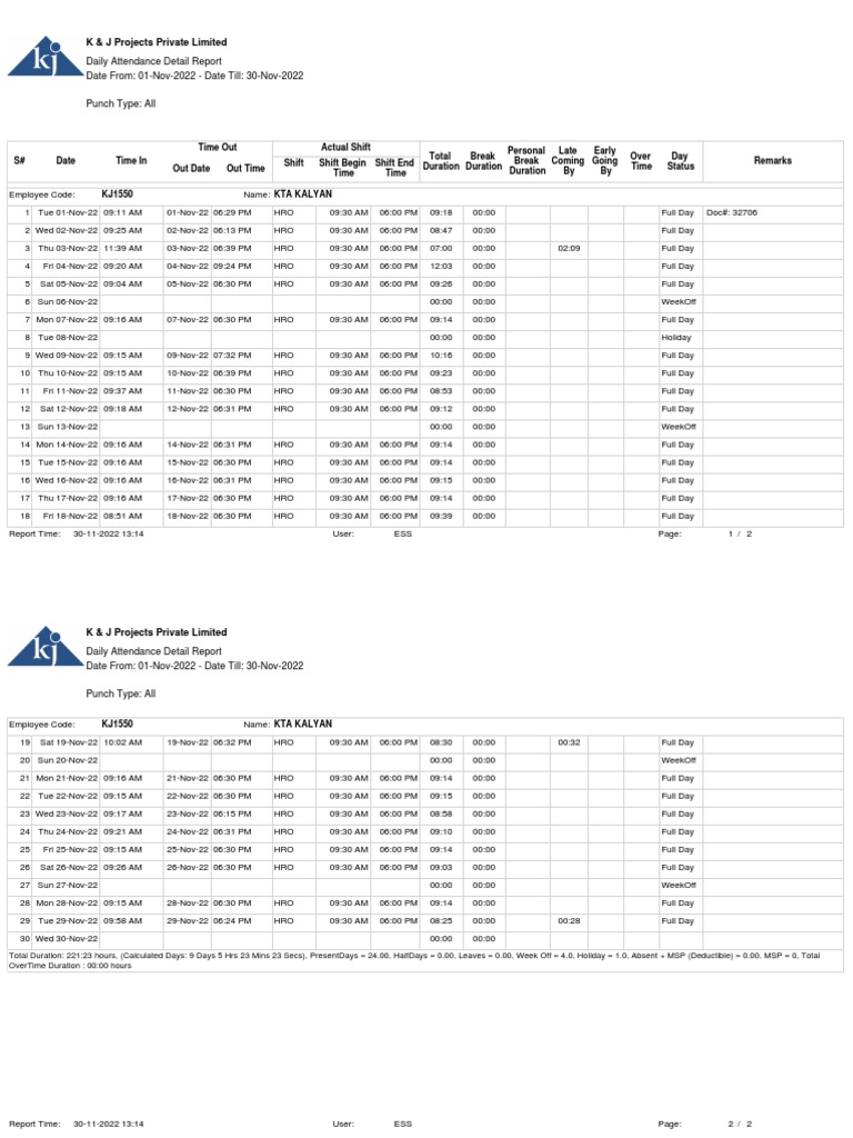 Daily Attendance Detail Report | PDF | Labor