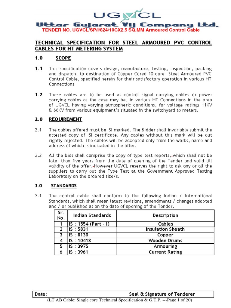 Technical Specification and GTP of 10 Core Control Cable 824 | PDF | Wire | Electrical ...