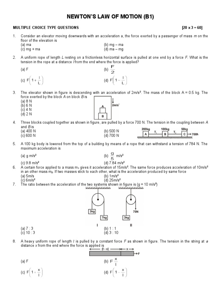 MCQs on Newton's Laws of Motion | PDF | Force | Tension (Physics)