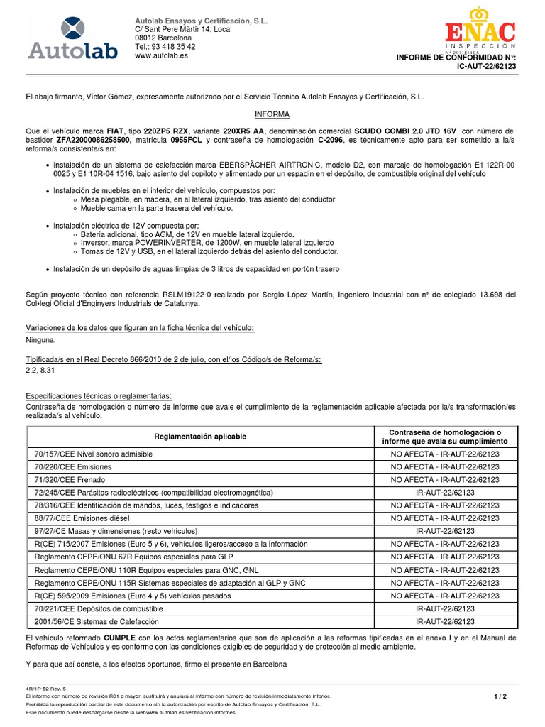 Informe Conformidad Ic Aut 22 62123 | PDF | Industria automotriz | Vehículos terrestres