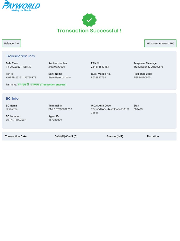 Aeps Receipt AWPTM22121432728172 | PDF