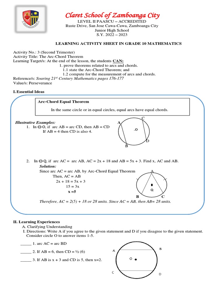 Arc-Chord Theorem Learning Activity | PDF | Theorem | Circle