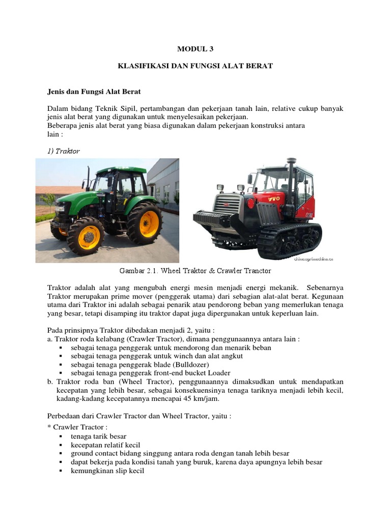 Modul 3 Klasifikasi Dan Fungsi Alat Berat PDF | PDF