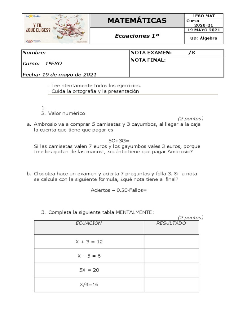 1ESO MAT EX9 Ecuaciones ACNEE | PDF