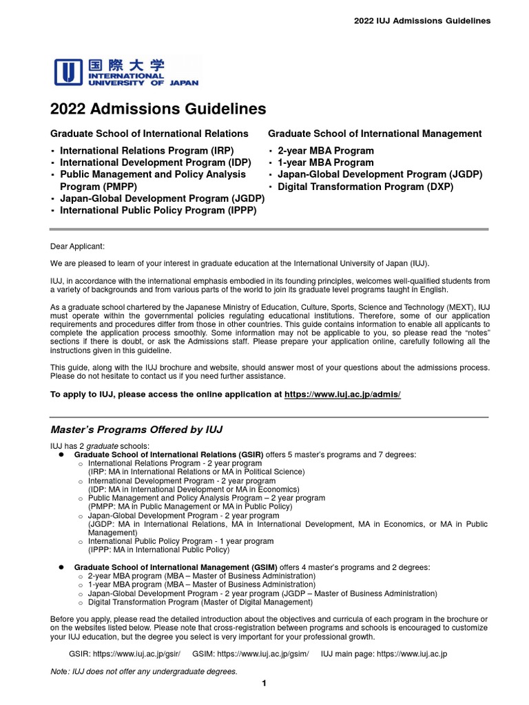 2022 IUJ Graduate Admissions Guide | PDF | Test Of English As A Foreign ...