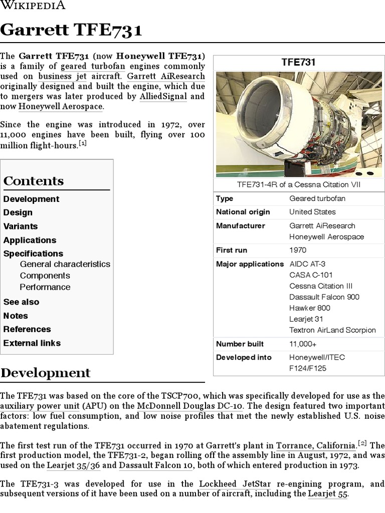 Garrett TFE731 - Wikipedia | PDF | Aviation | Engines