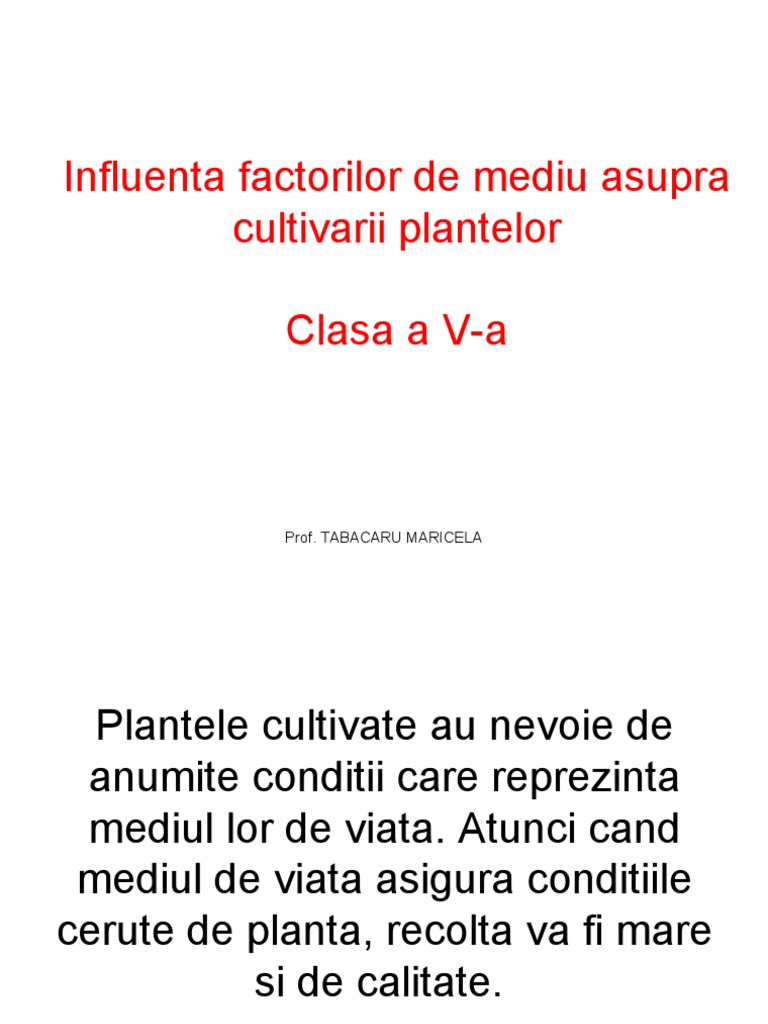 Influenta Factorilor de Mediu Asupra Cultivarii Plantelor Clasa A V-A | PDF