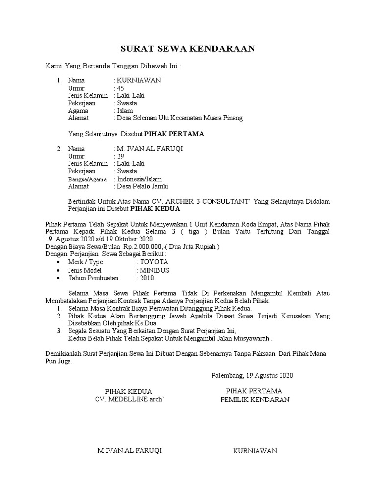 Surat Sewa Mobil | PDF