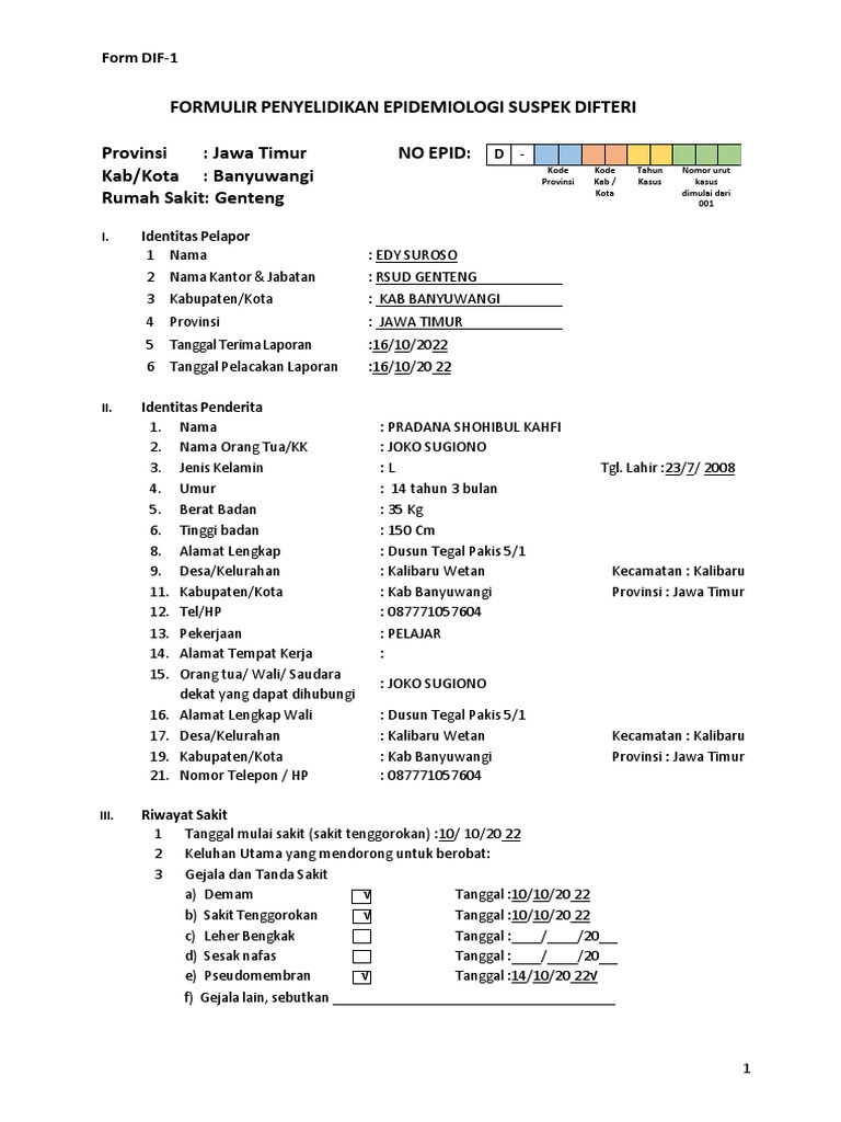 Form DIF-1 - Formulir Penyelidikan Epidemiologi Difteri PRADANA | PDF