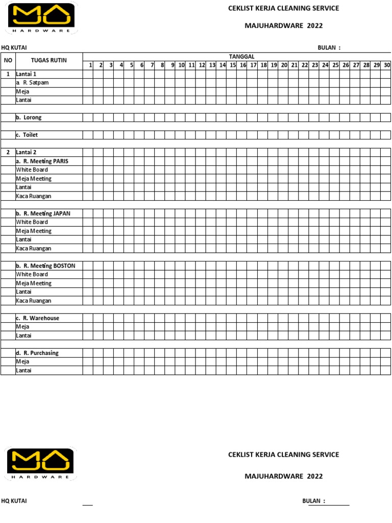 Form Ceklist Cleaning Service | PDF