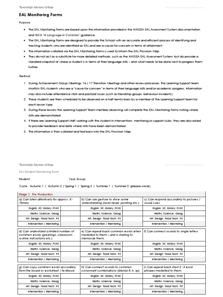 EAL Student Monitoring Forms | PDF | English Language | English As A ...