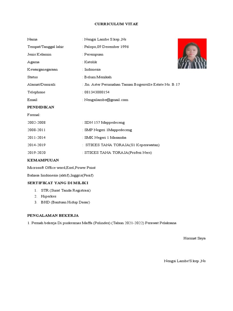CV Nengsi Lambe, S.Kep., Ns - Perawat | PDF | Kesehatan Holistik