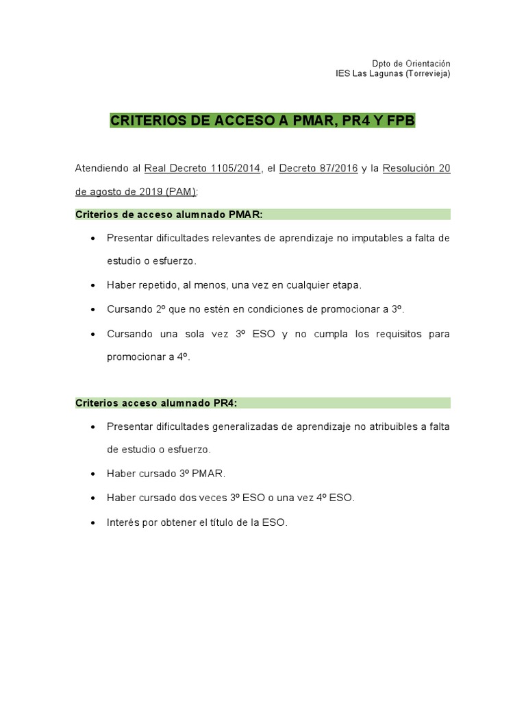 Criterios PMAR, FPB, PR4 | PDF