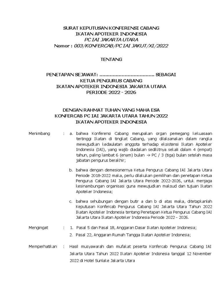 Surat Keputusan Penetapan Ketua PC Iai Jakarta Utara - 12nov22 | PDF