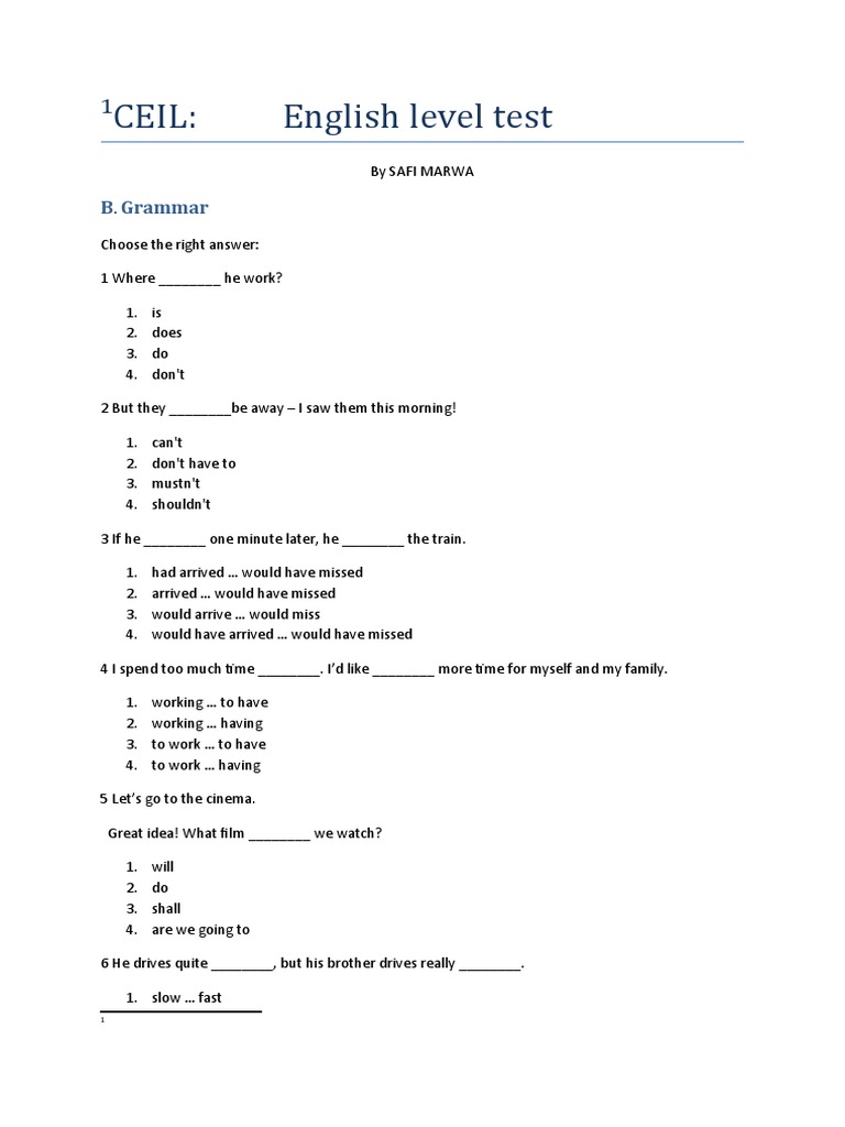 CEIL English Level Test Grammar | PDF | Language Arts & Discipline ...