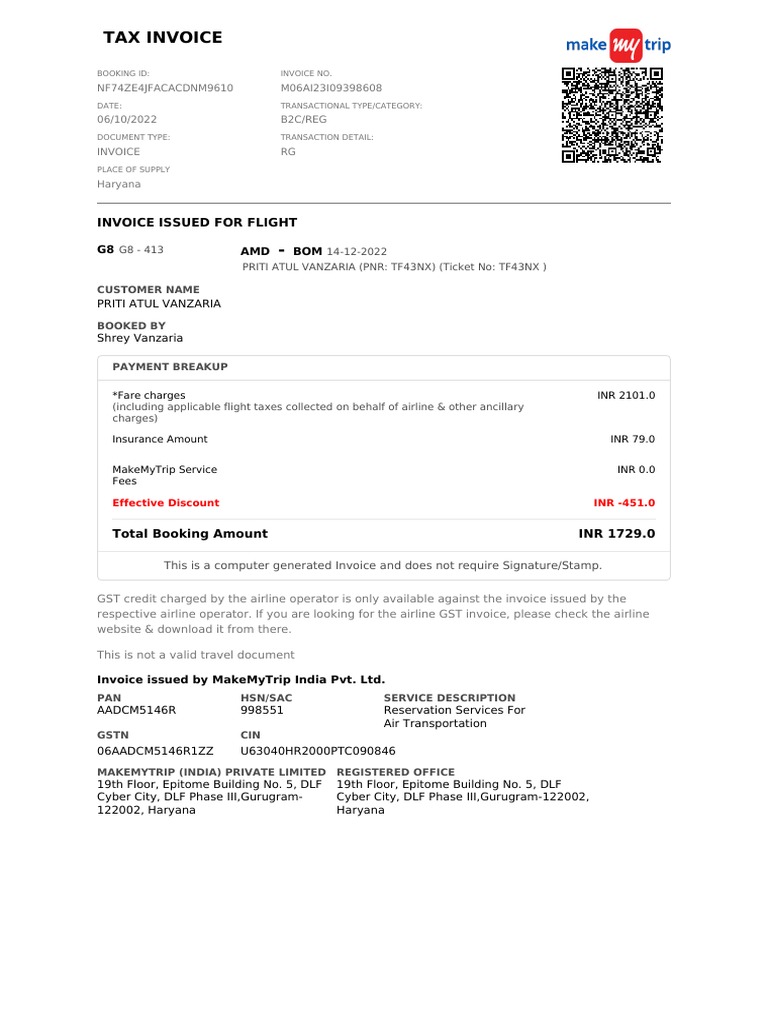 Booking Tax Invoice for Flight NF74ZE4J | PDF