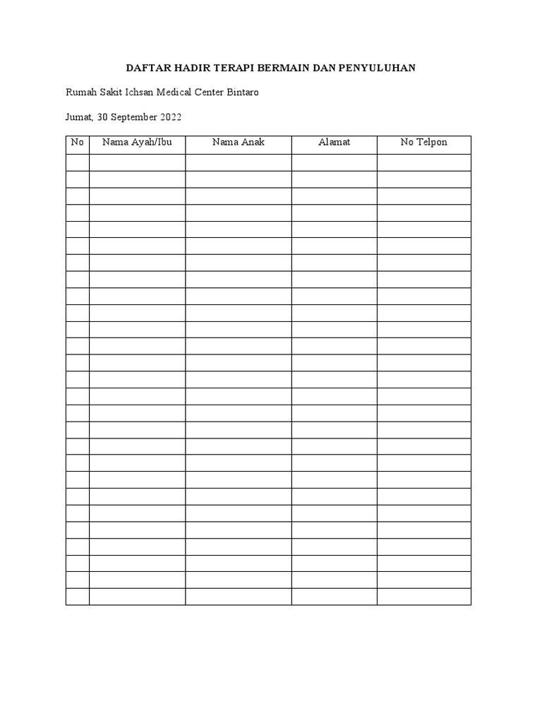 Daftar Hadir Terapi Bermain Dan Penyuluhan | PDF
